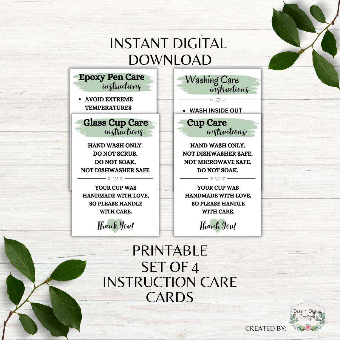 Printable Care Instruction Card Bundle Care Card Bundle Small Business ...
