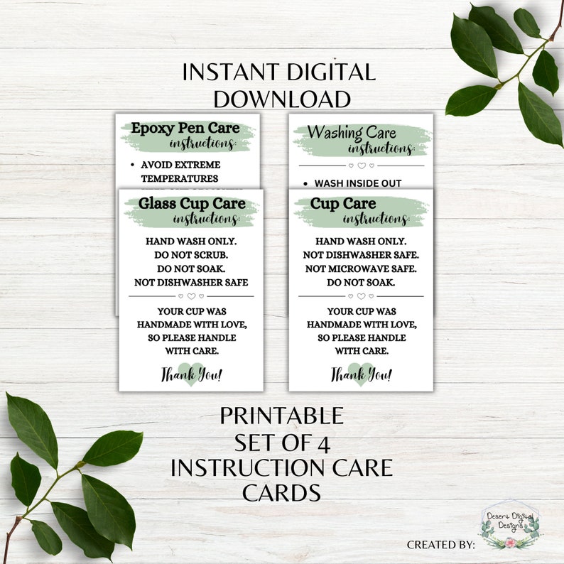 Printable Care Instruction Card Bundle Care Card Bundle Small Business ...