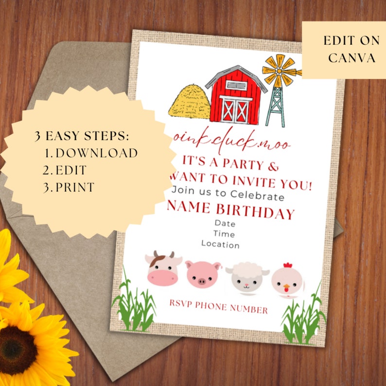Editable Farm Themed Birthday Invitation Canva Template - Etsy