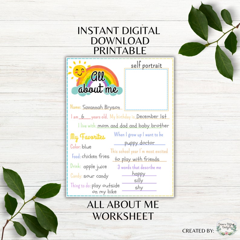 All About Me Printable Back to School Worksheet First Day of School All ...