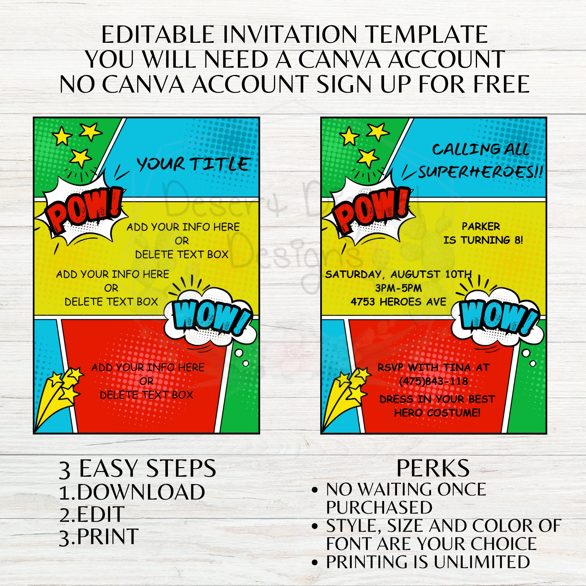 Comic Superhero Editable Party Invitation Canva Template Baby Shower ...