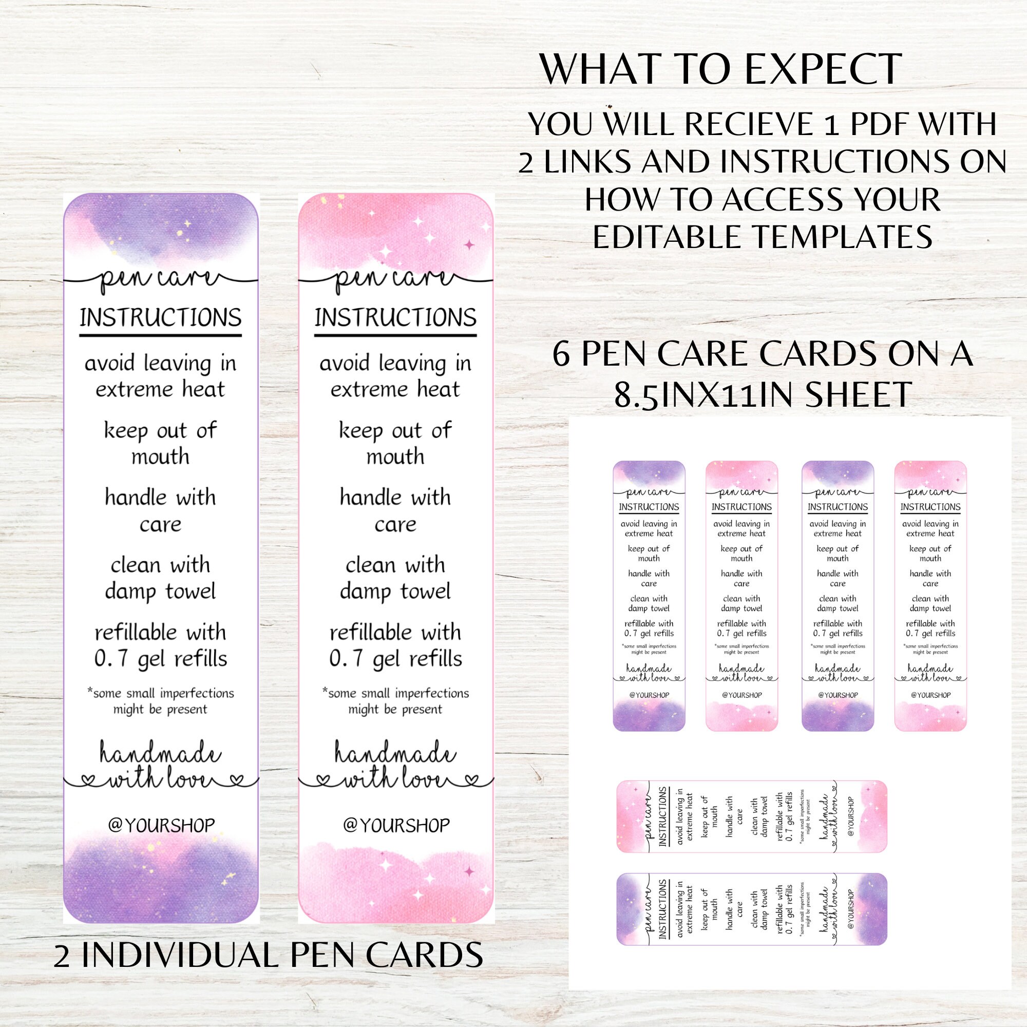 Editable Pen Care Instruction Cards Pen Care Cards Set of 2 Instruction ...