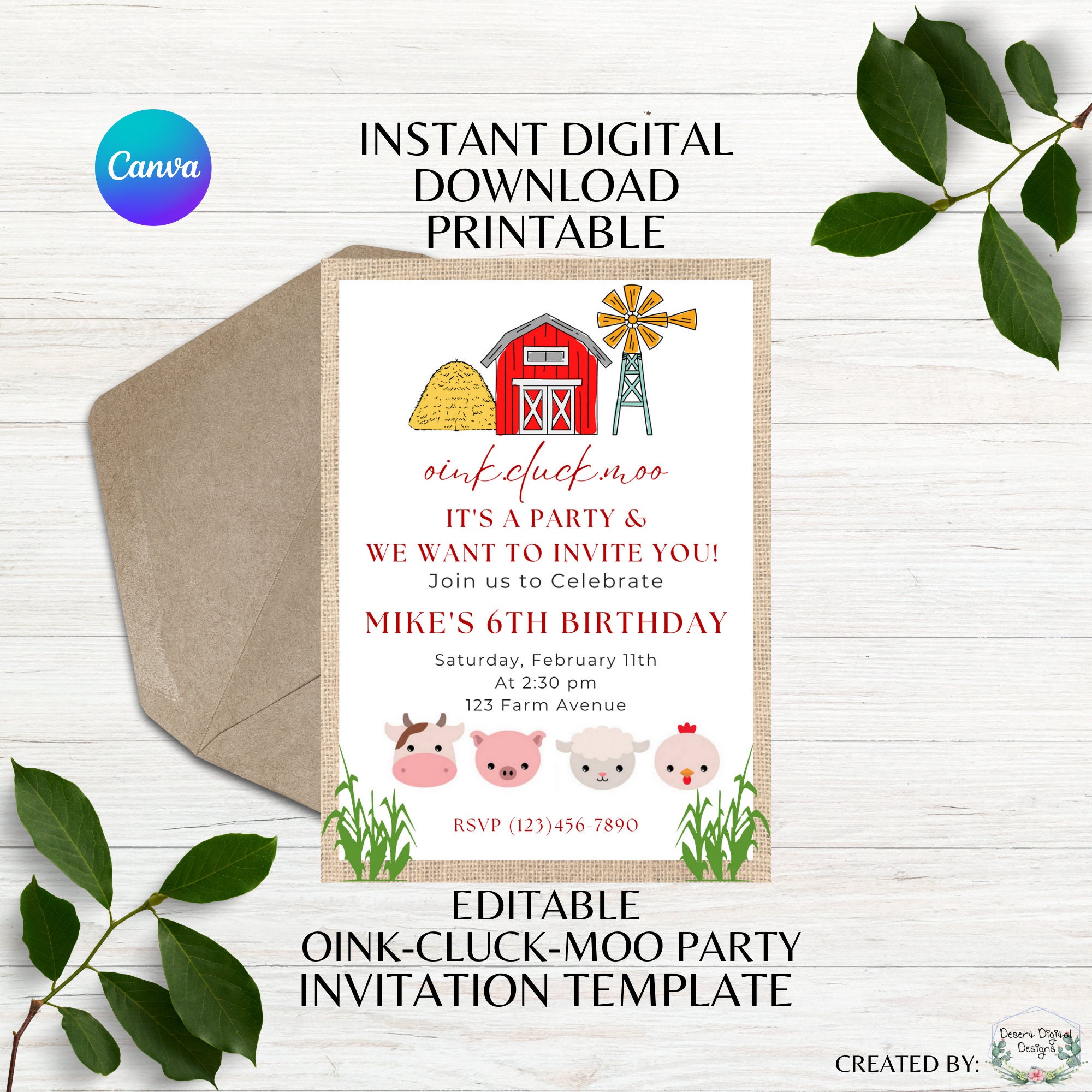 Editable Farm Themed Birthday Invitation Canva Template Printable Party ...