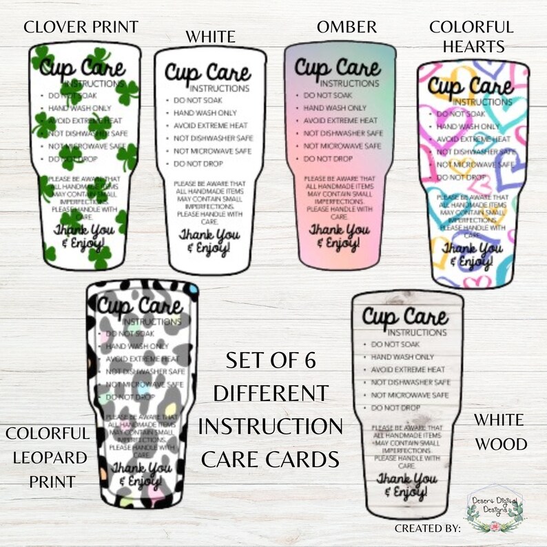 Bundle of Cup Care Instruction Cards 6 Printable Cup Care Cards Instant ...