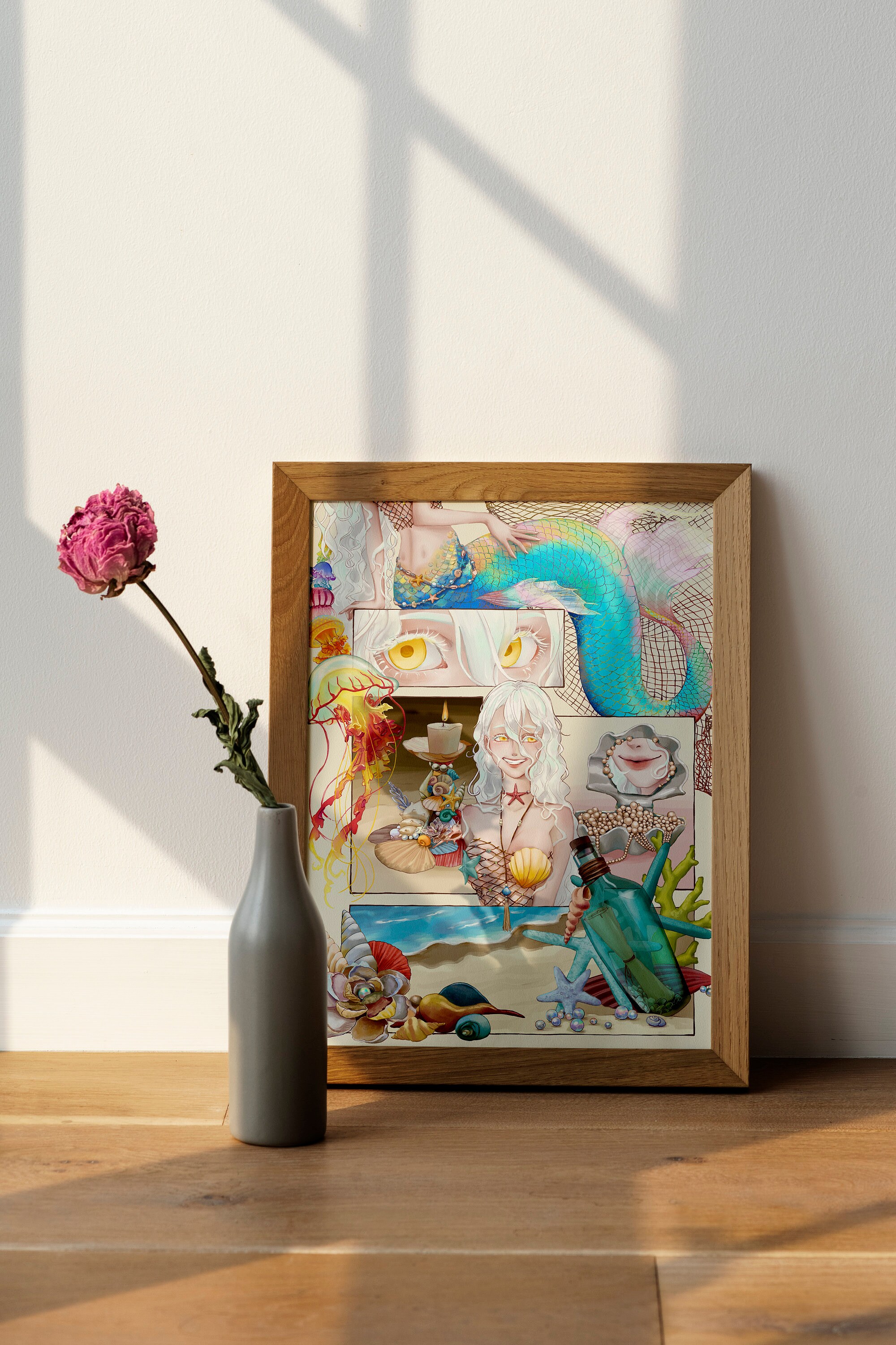 Nautical Mermaid Portrait Art Print, Watercolor Printable Art Poster ...