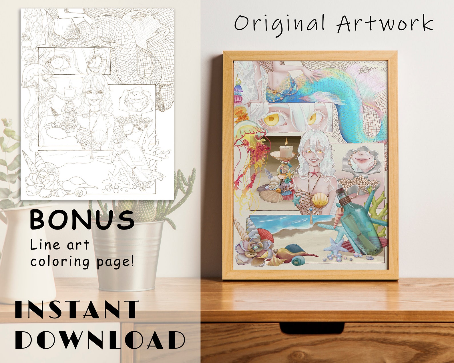 Nautical Mermaid Portrait Art Print, Watercolor Printable Art Poster ...