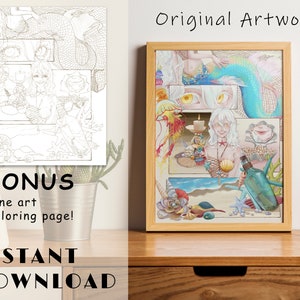 Nautical Mermaid Portrait Art Print, Watercolor Printable Art Poster ...