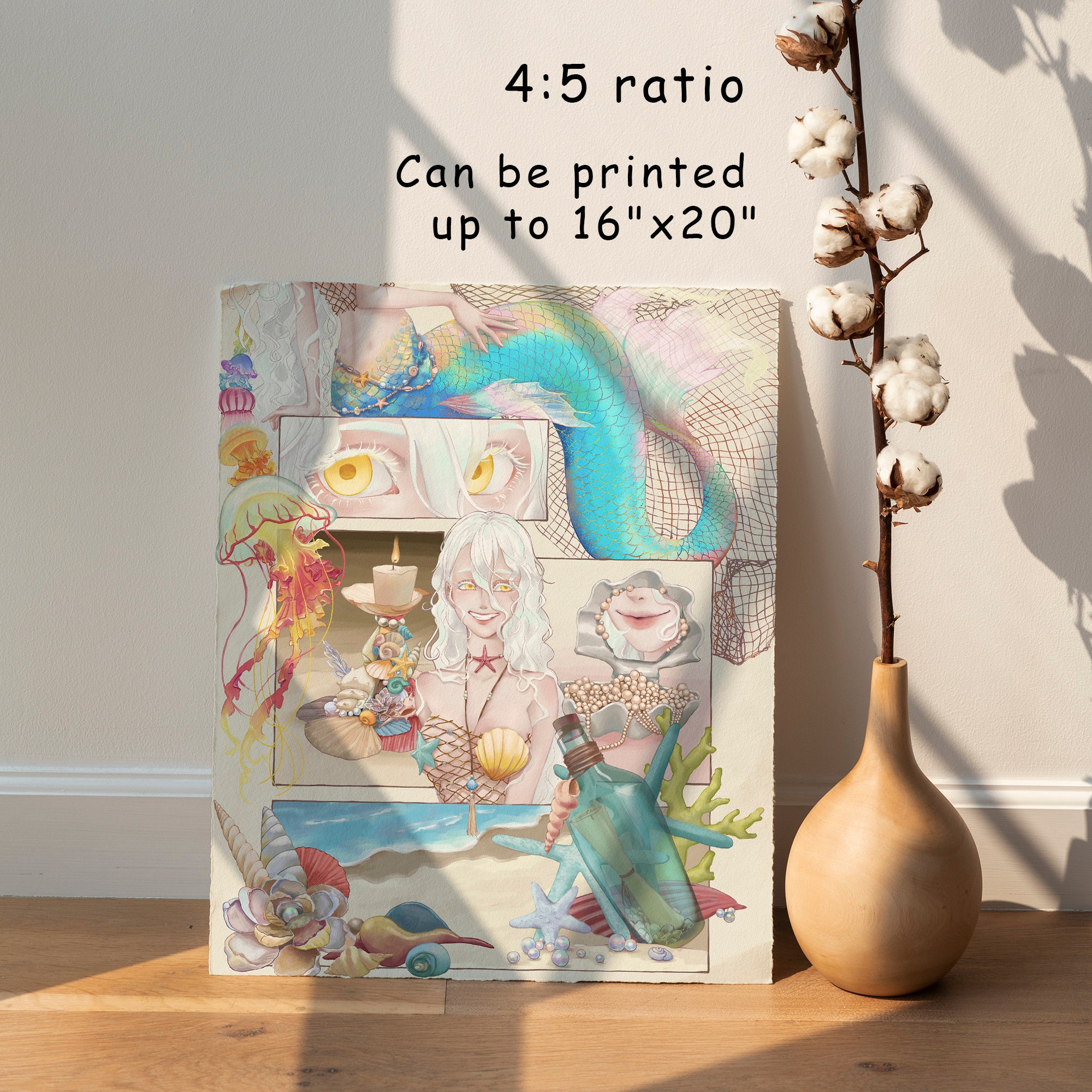 Nautical Mermaid Portrait Art Print, Watercolor Printable Art Poster ...