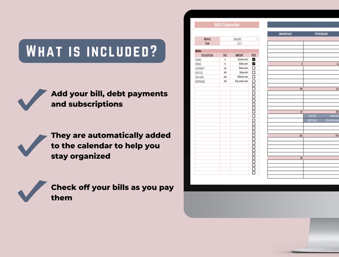 Bill Tracker Google Sheets Bills Calendar Annual Budget - Etsy
