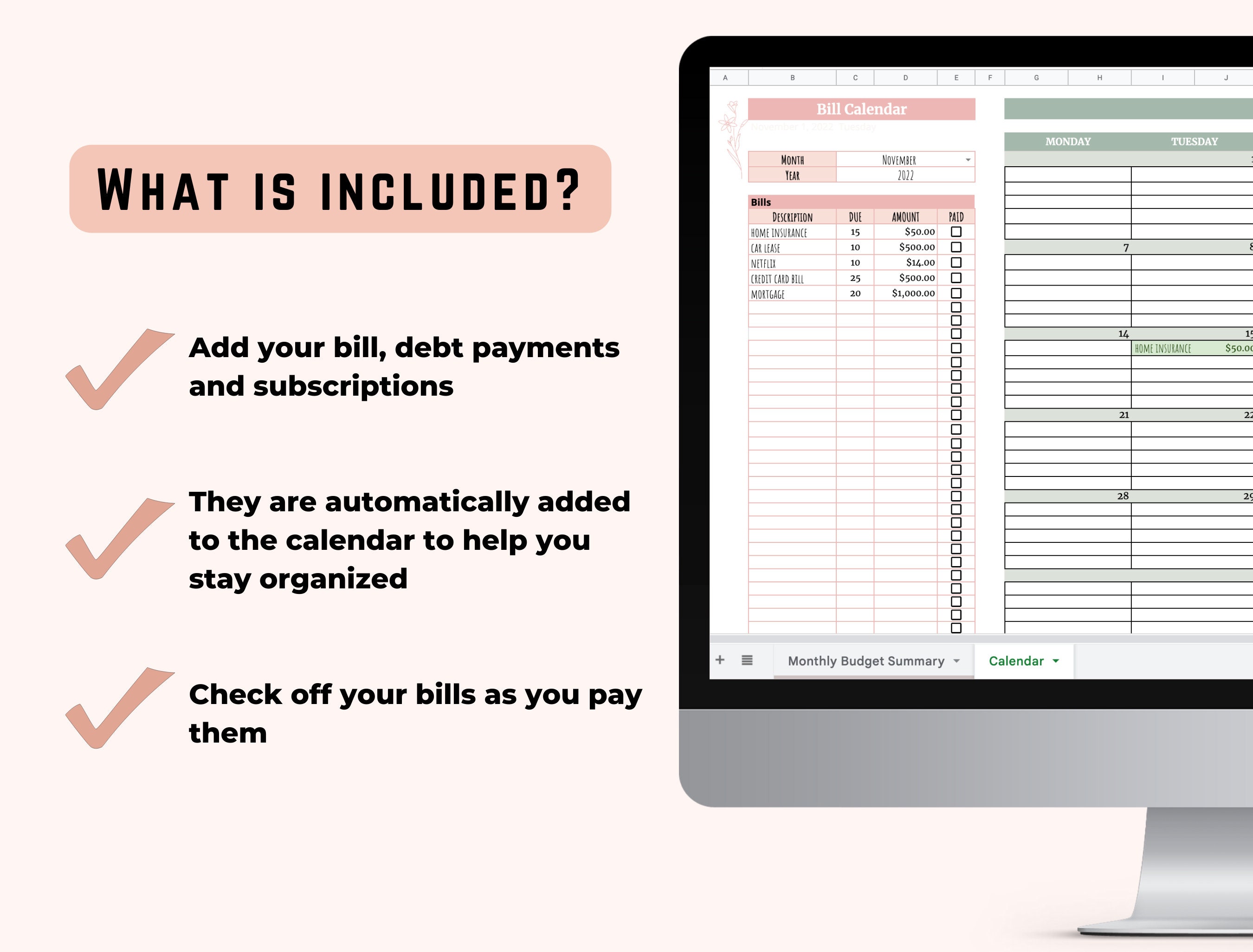 Bill Tracker Google Sheets, Bill Calendar Annual Budget Spreadsheet ...