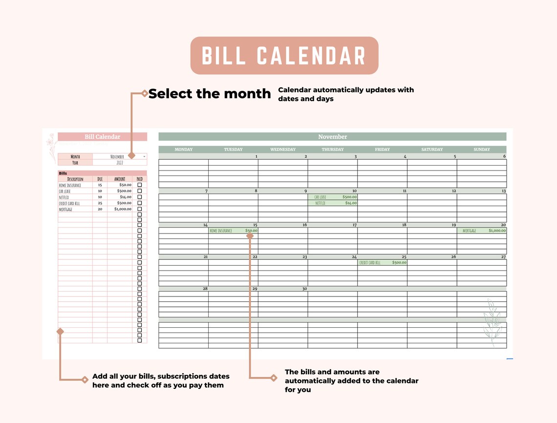 Bill Tracker Google Sheets, Bill Calendar Annual Budget Spreadsheet ...