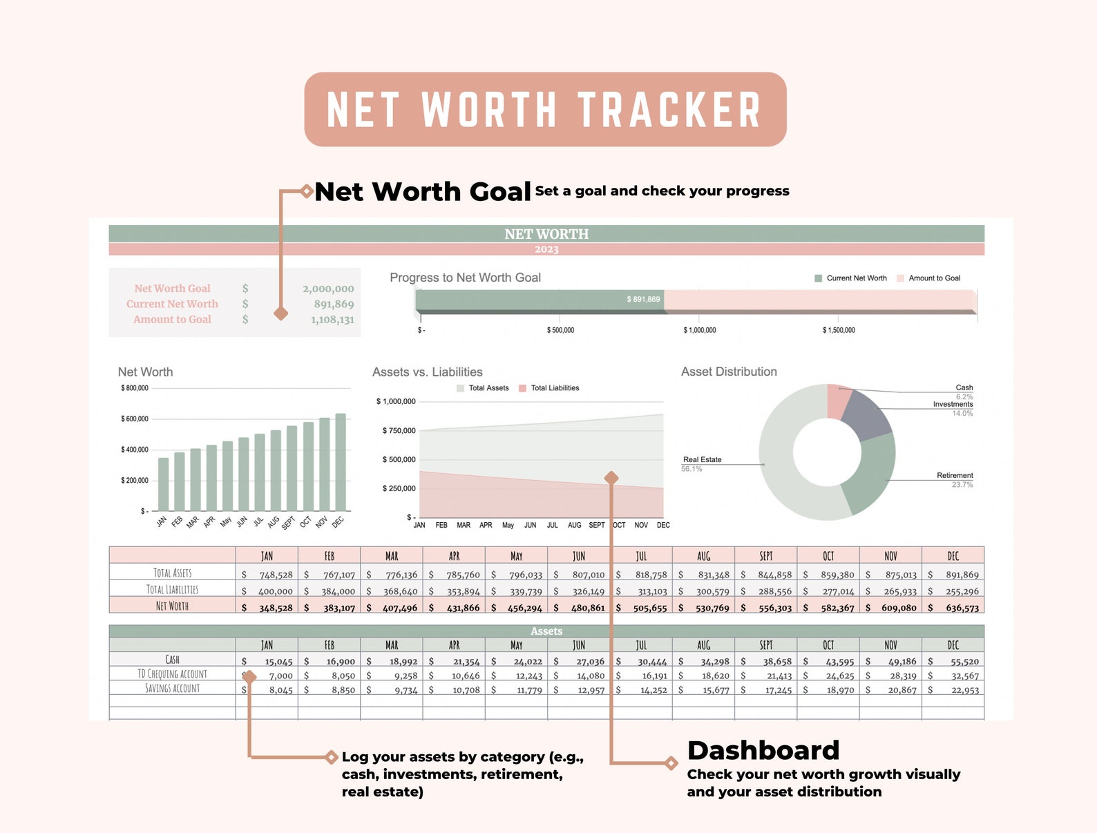 Net Worth Tracker Spreadsheet for Google Sheets, Net Worth Calculator ...
