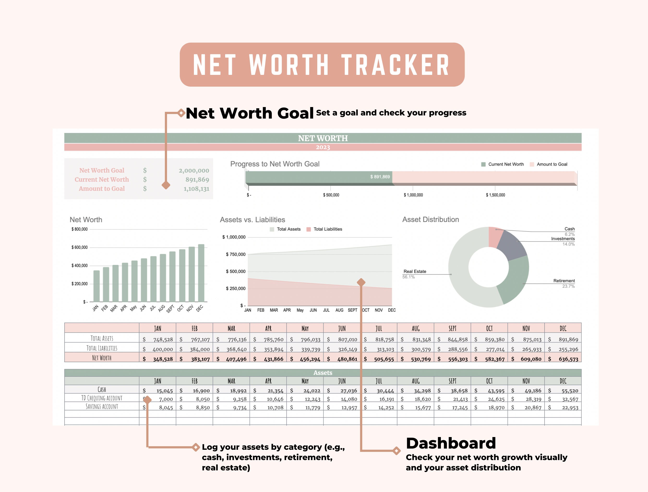 Net Worth Tracker Spreadsheet for Google Sheets, Net Worth Calculator ...