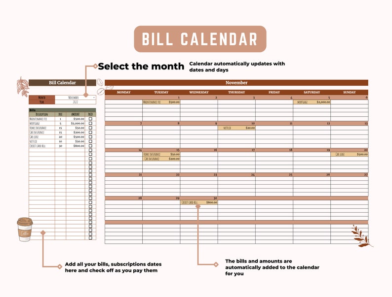 Bill Tracker, Bill Calendar, Google Sheets Bill Calendar, Monthly Bill ...
