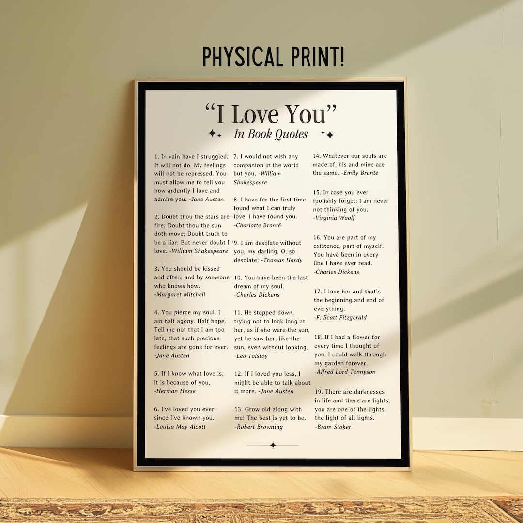 I Love You in Book Quotes Poster, Physical Art Print, Literary Wall Art ...