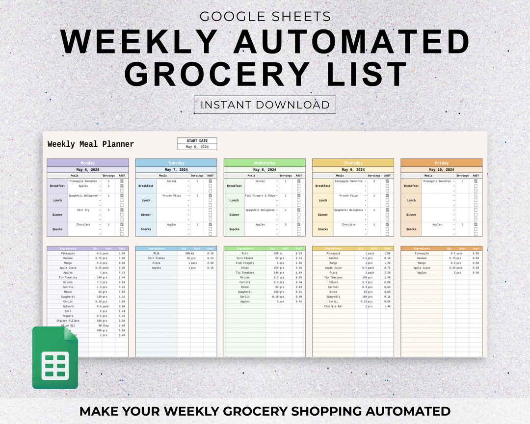 Weekly Meal Planner and Automated Grocery List Google Sheets Grocery ...