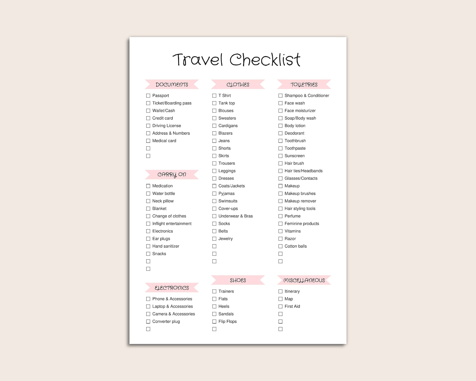 Editable Travel Checklist, Pink Travel List, Packing Checklist ...