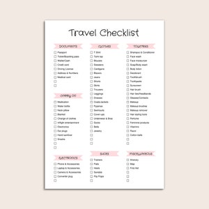 Editable Travel Checklist, Pink Travel List, Packing Checklist ...
