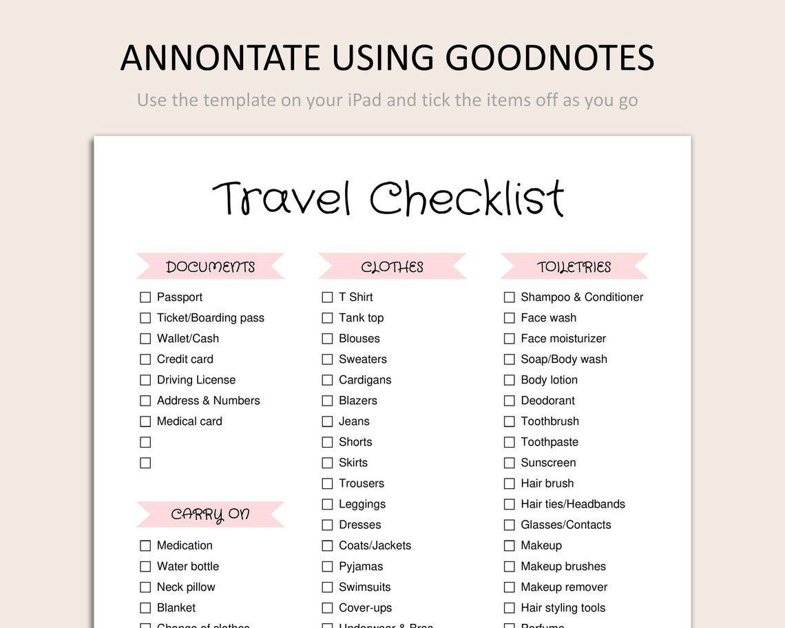 Editable Travel Checklist, Pink Travel List, Packing Checklist ...
