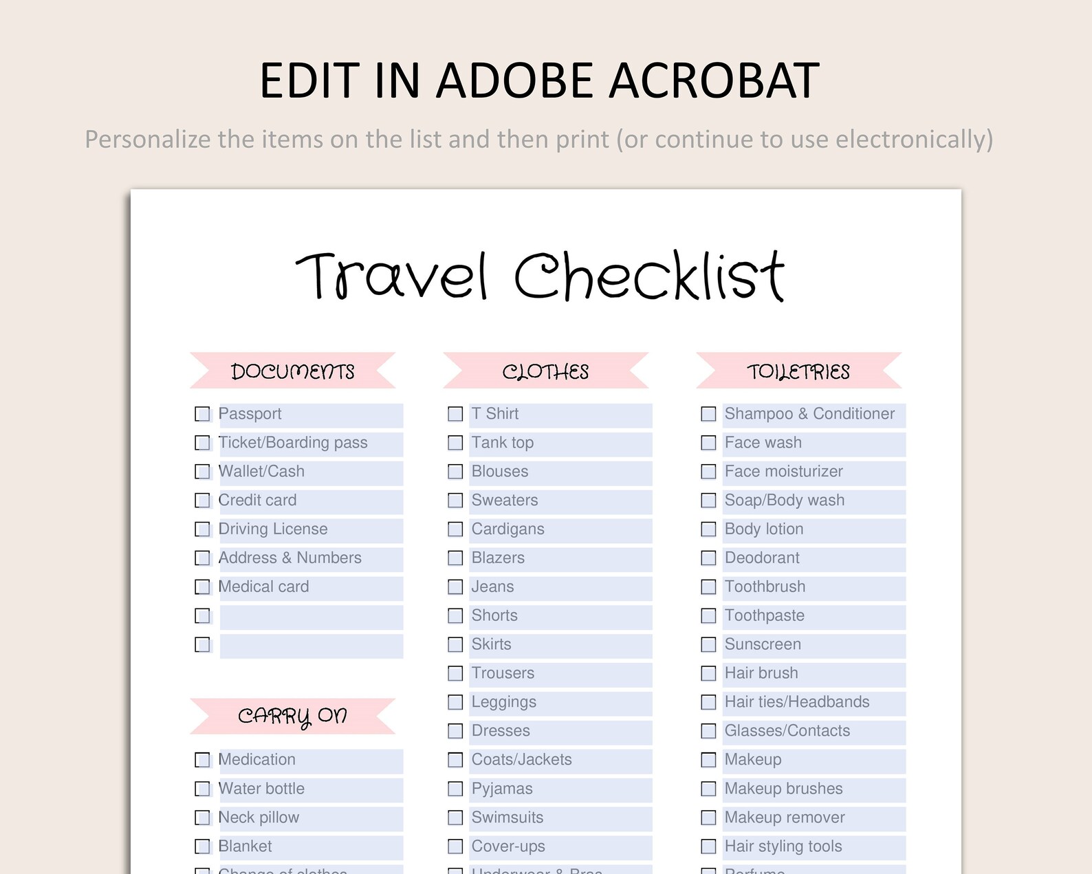 Editable Travel Checklist, Pink Travel List, Packing Checklist ...