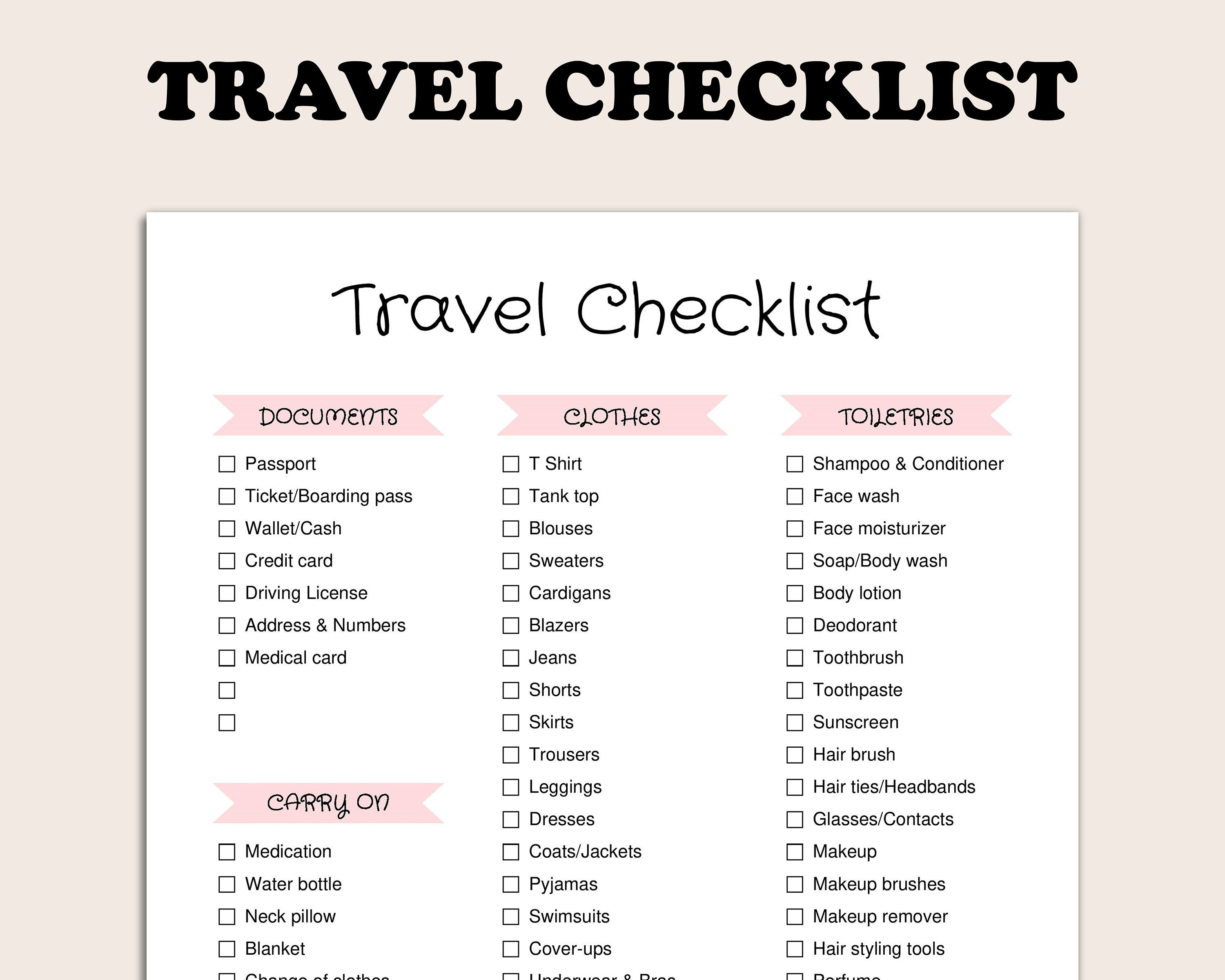 Editable Travel Checklist, Pink Travel List, Packing Checklist ...
