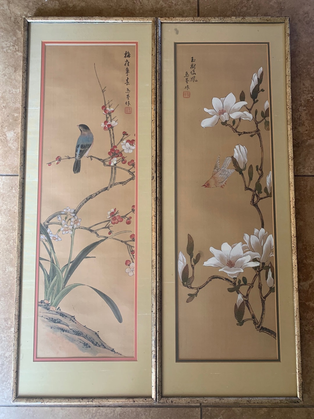 Antique Chinese Flower and Bird Calligraphy Twins - Etsy
