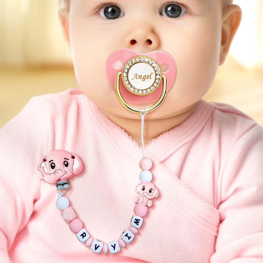 Custom Elephant Dummy Chain With Name, Personalised Elephant Pacifier ...