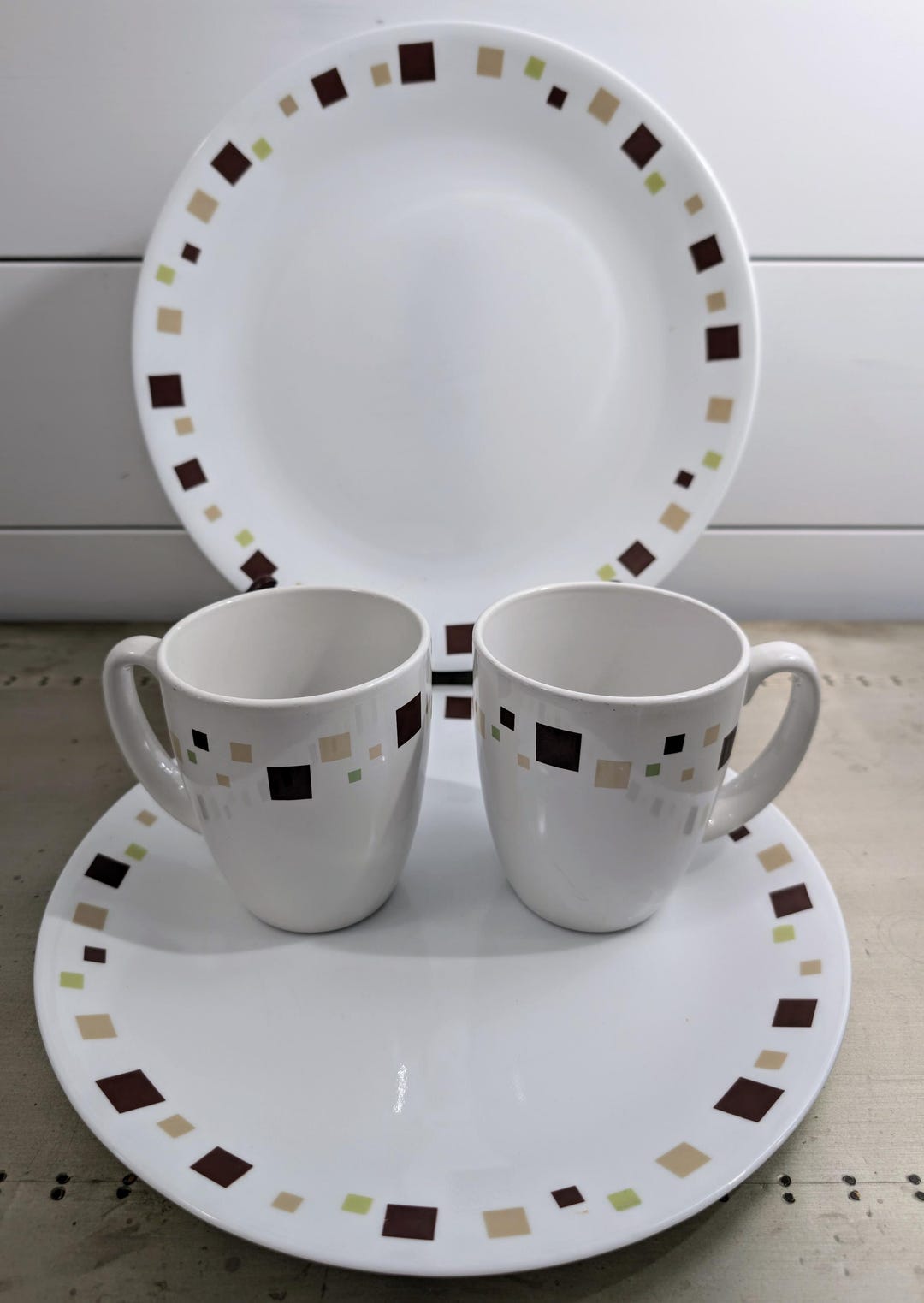 Corelle Geometric Squares Brown/green Dinner Plates and Coffee Mugs - Etsy