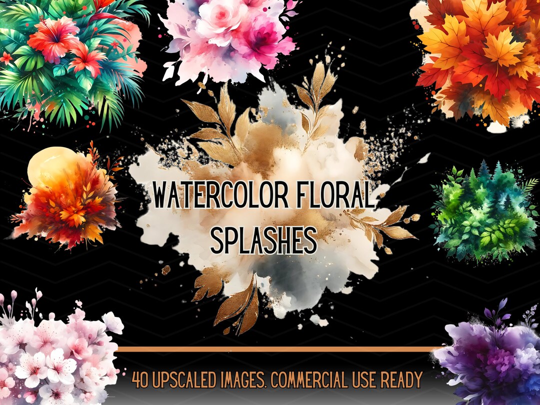 40 Watercolor Splash Floral Clipart, Png Paint Splatter, Commercial Use ...