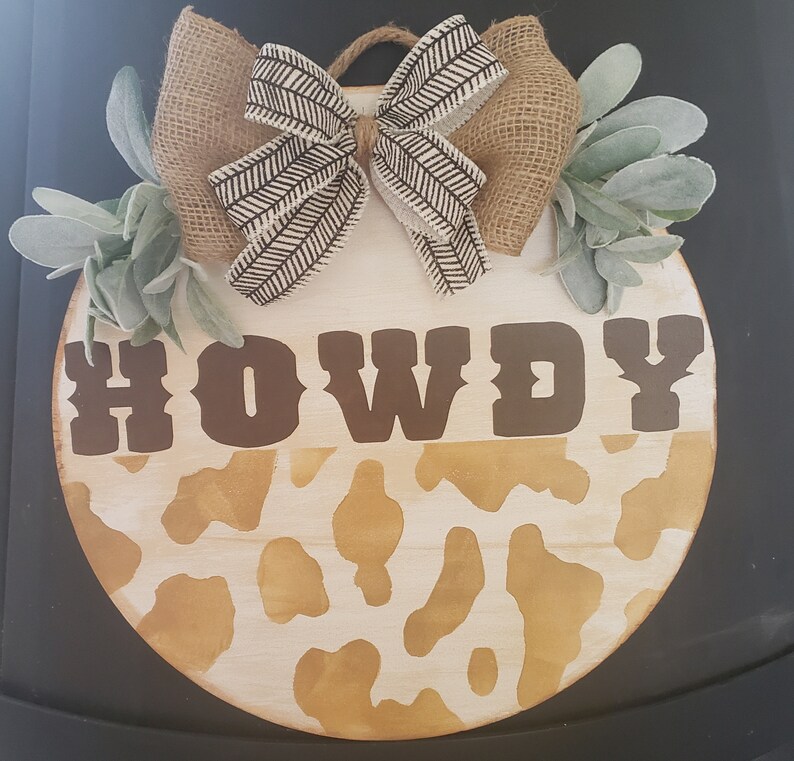 Howdy Door Hanger With Brown Cow Print, Porch Decor With Cow Print, Cow ...