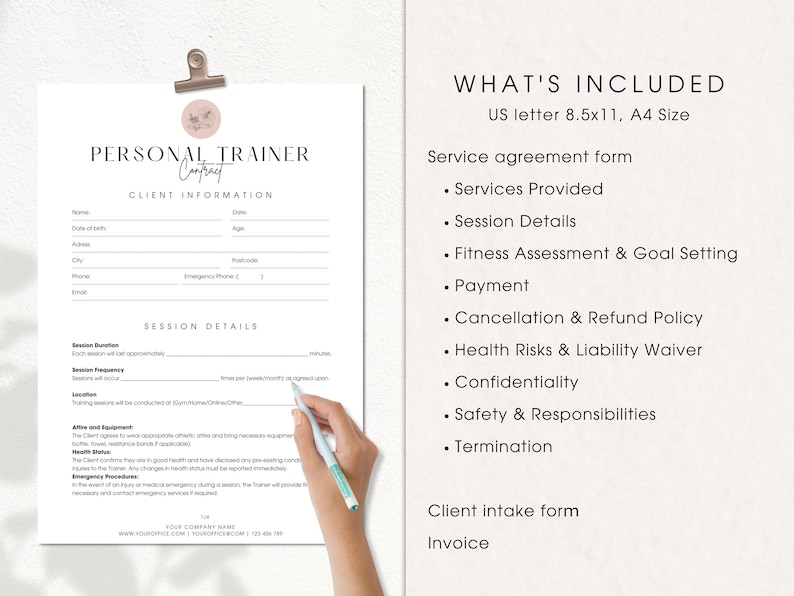 Personal Trainer Contract Template | Fitness Forms (canva) - Etsy