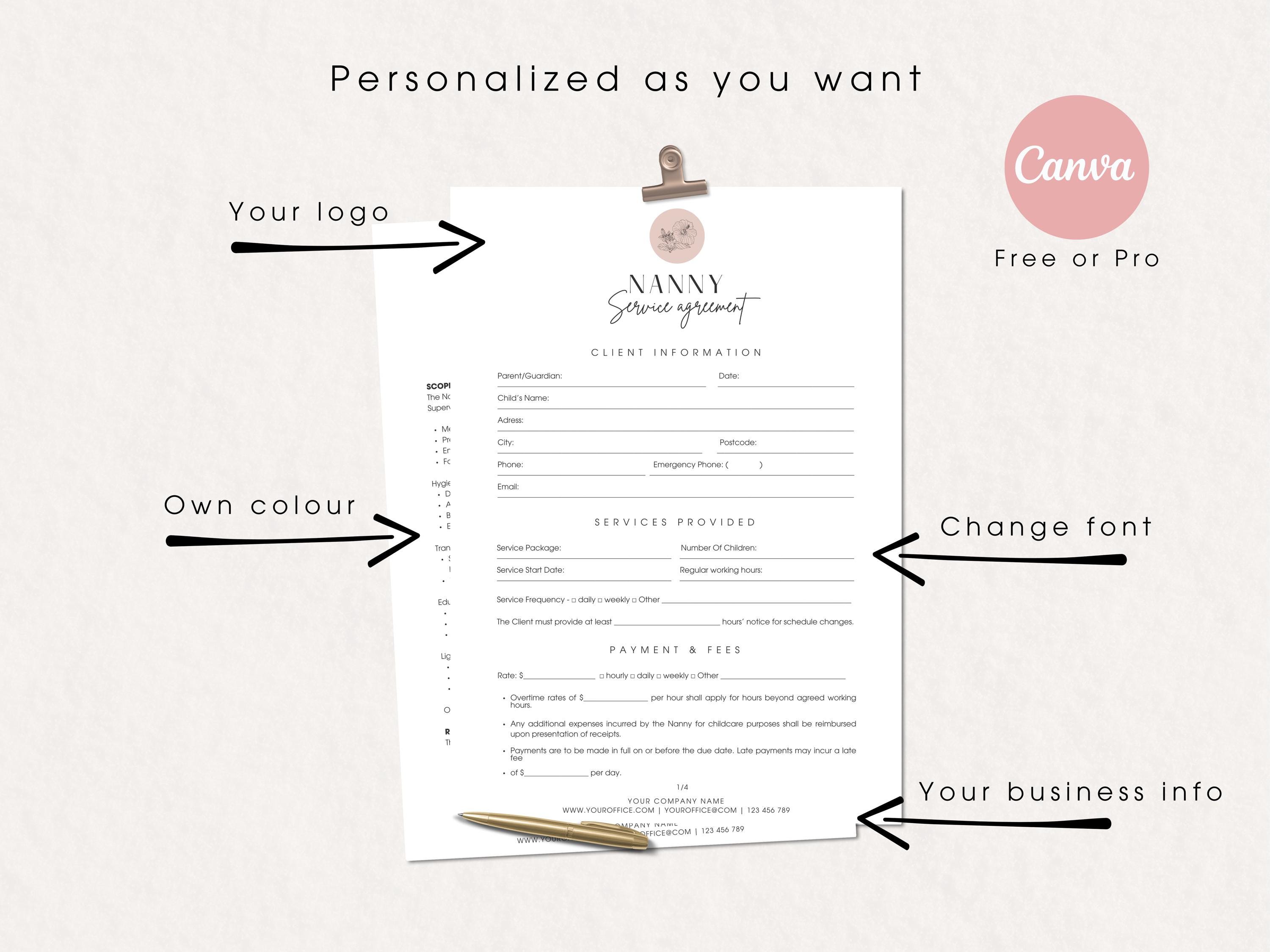 Nanny Service Contract Template | Babysitter Agreement (canva PDF) - Etsy