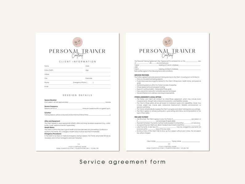 Personal Trainer Contract Template | Fitness Forms (canva) - Etsy