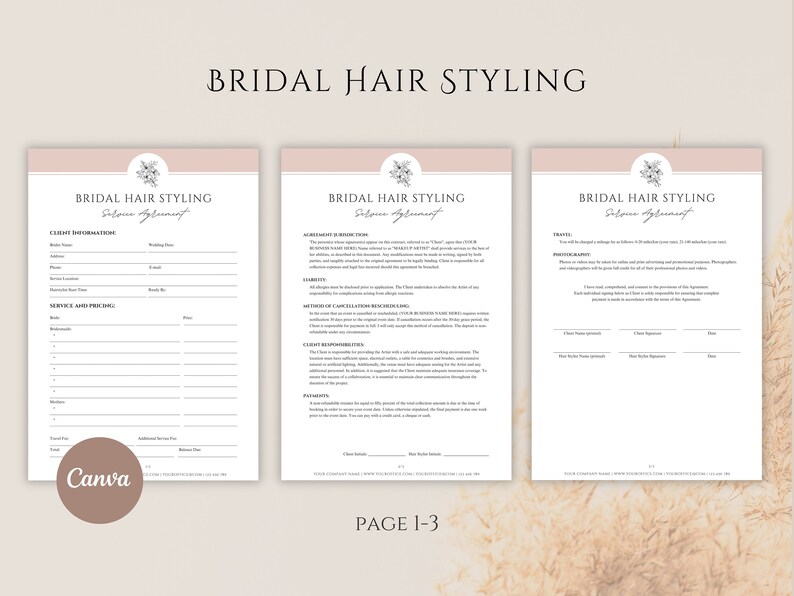 Bridal Hair Contract Template for Hairstylist Freelance Wedding Bridal ...
