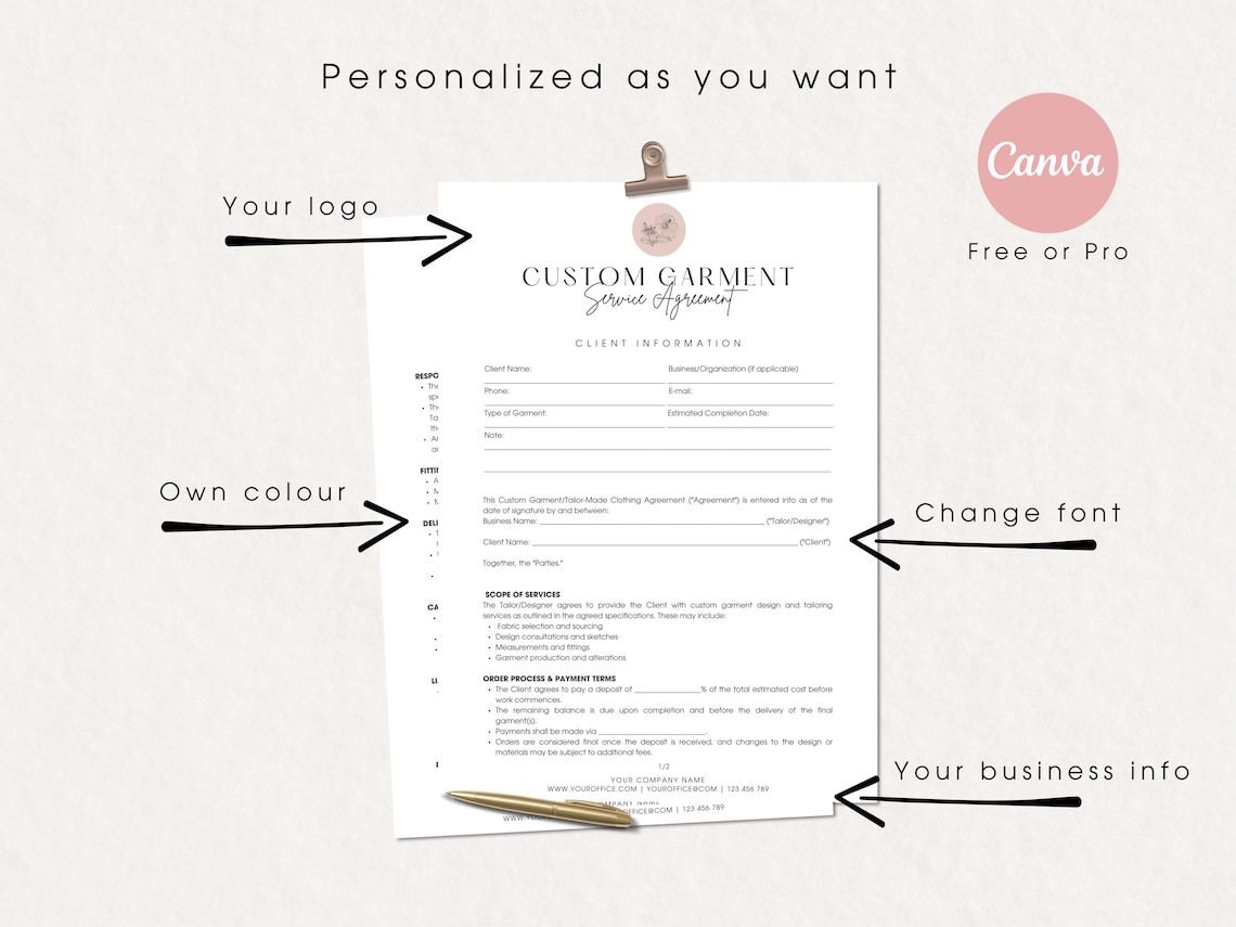 Custom Garment Service Contract Template | Sewing Business Client Form ...
