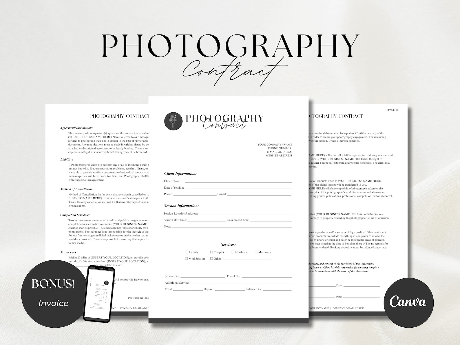 Photography Contract Template for Photography Forms Photographer ...