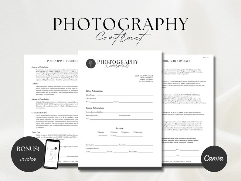 Photography Contract Template for Photography Forms Photographer ...
