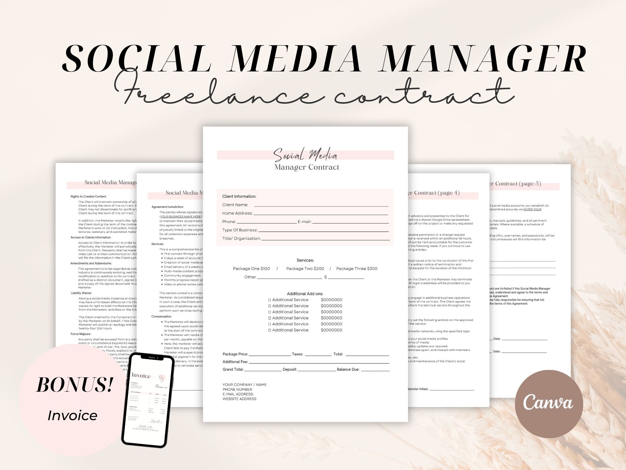 Social Media Manager Contract Template, Editable Canva Freelance ...