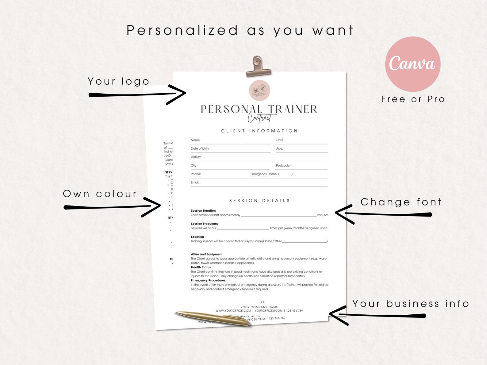 Personal Trainer Contract Template | Fitness Forms (canva) - Etsy