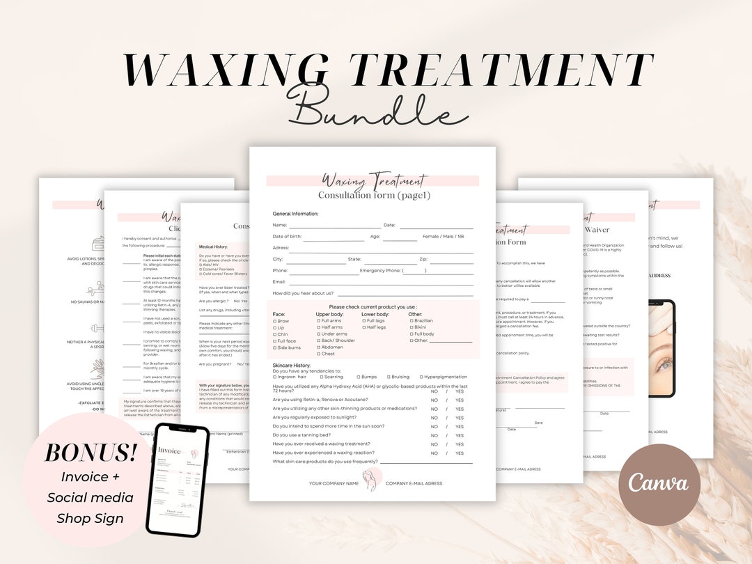 Waxing Treatment Forms Editable Esthetician Templates Bundle Waxing ...