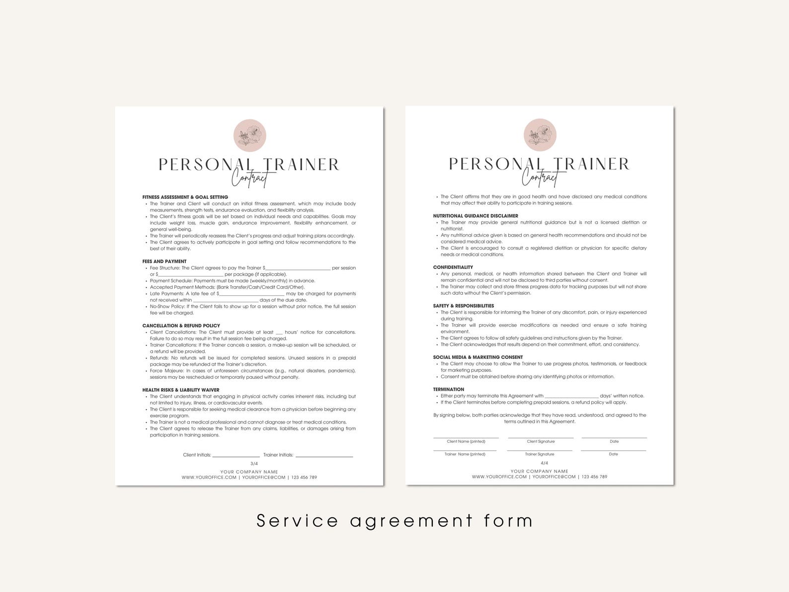 Personal Trainer Contract Template | Fitness Forms (canva) - Etsy