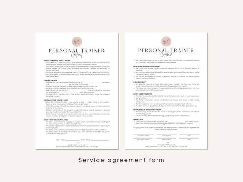 Personal Trainer Contract Template | Fitness Forms (canva) - Etsy