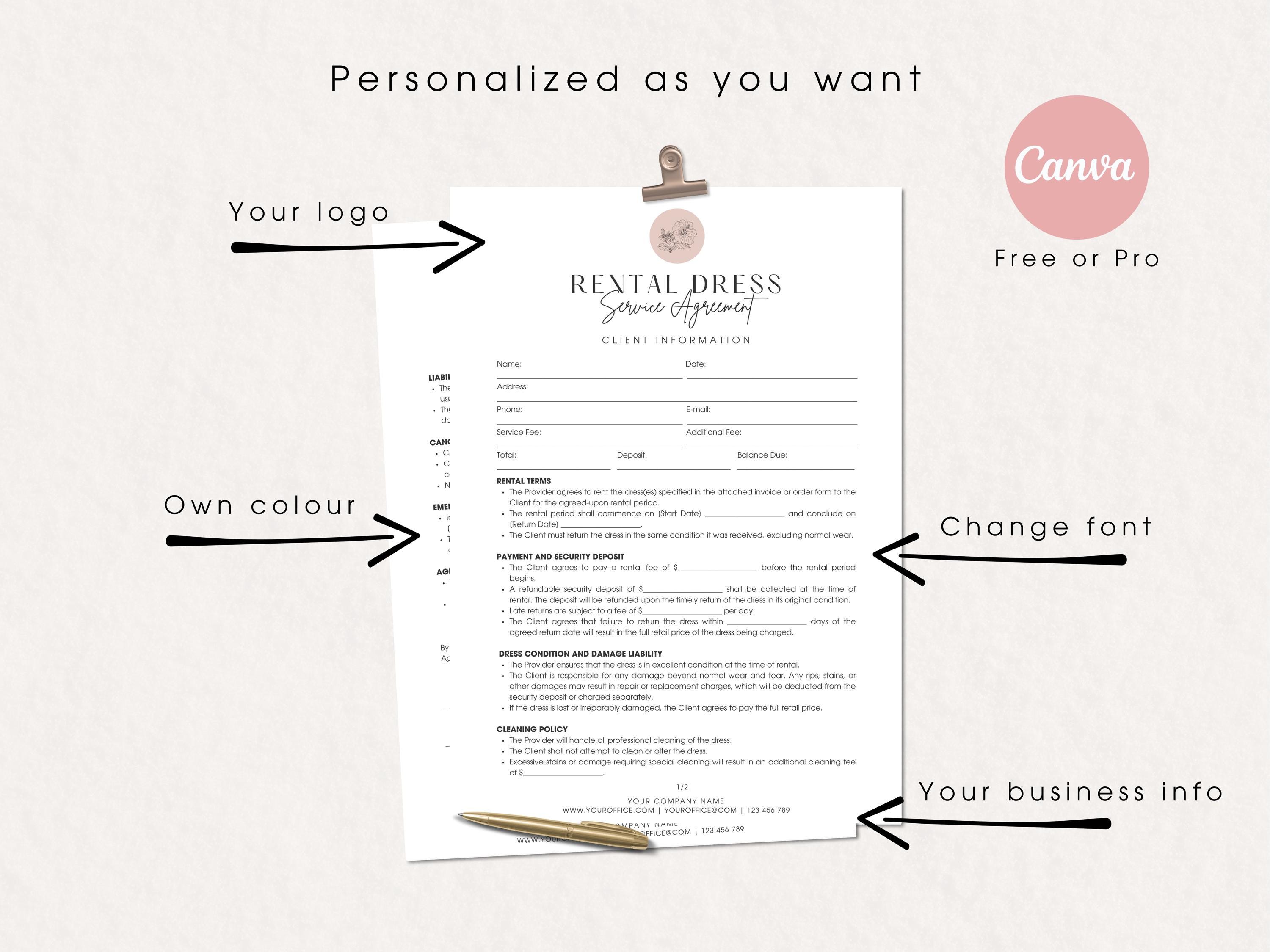 Dress Rental Contract Template | Event & Wedding, Editable CANVA - Etsy
