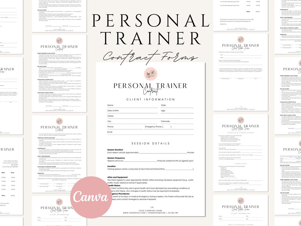 Personal Trainer Contract Template | Fitness Forms (canva) - Etsy