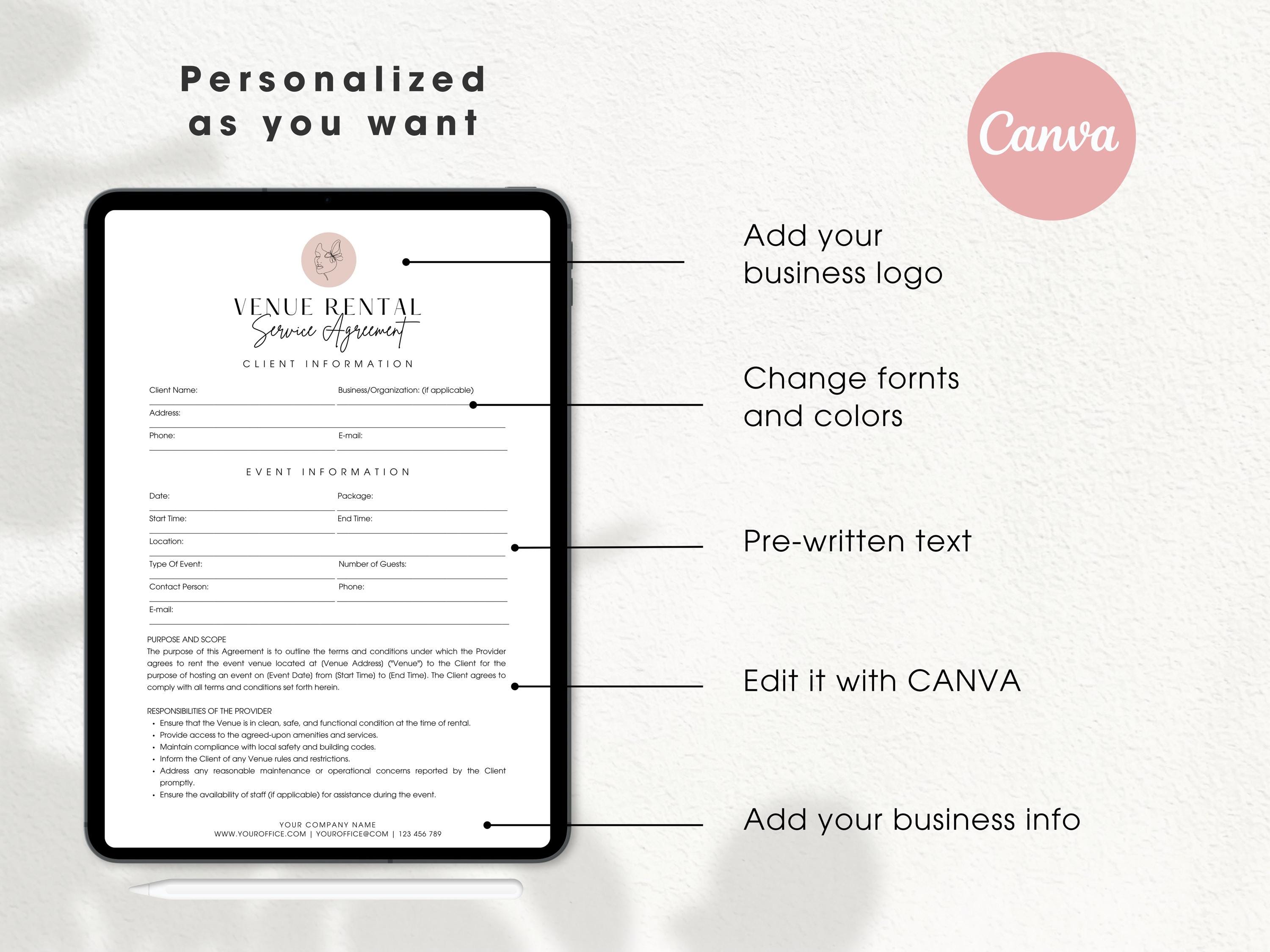 Venue Rental Agreement | Event Space Contract | Wedding Venue Lease ...