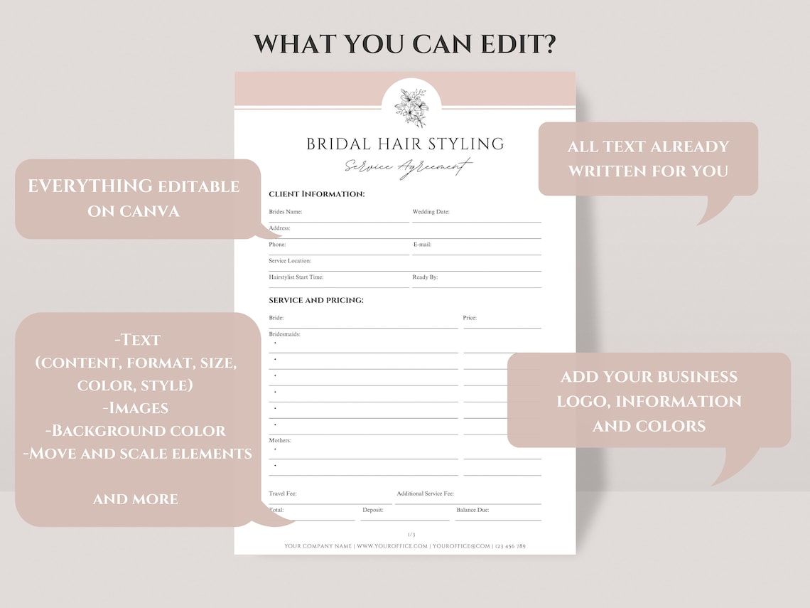 Bridal Hair Contract Template for Hairstylist Freelance Wedding Bridal ...