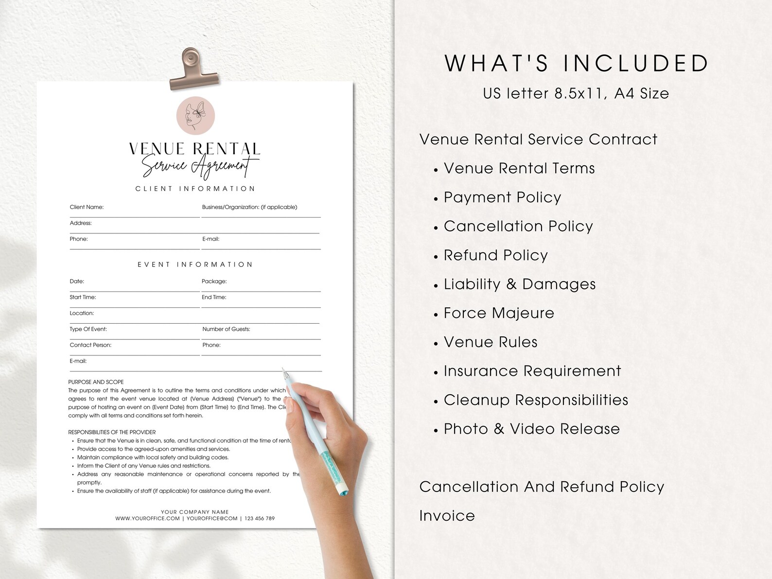 Venue Rental Agreement | Event Space Contract | Wedding Venue Lease ...