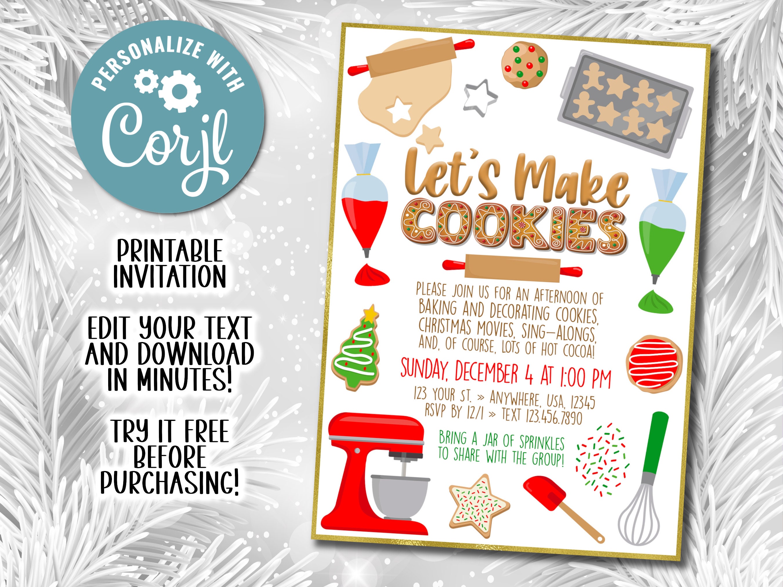 Let's Make Cookies Christmas Party Invitation Digital Printable Instant ...