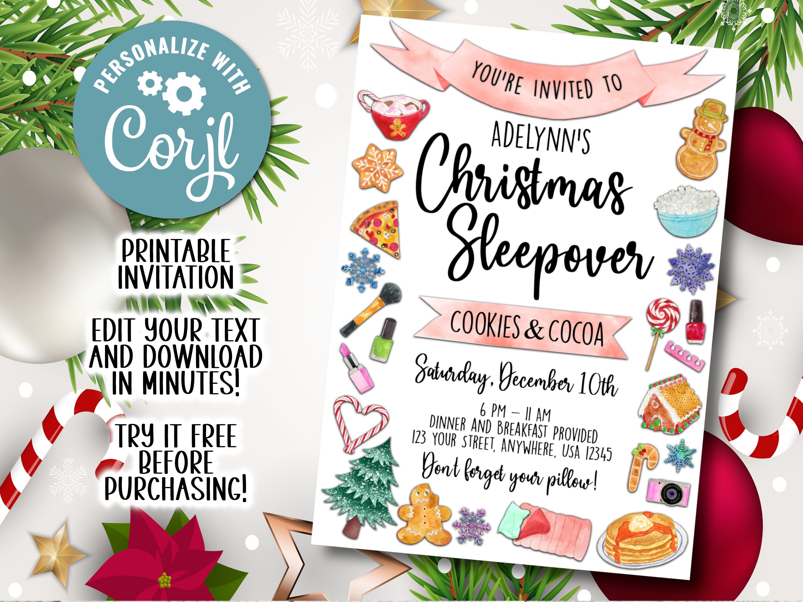 Christmas Sleepover Watercolor Invitation Digital Printable Christmas ...