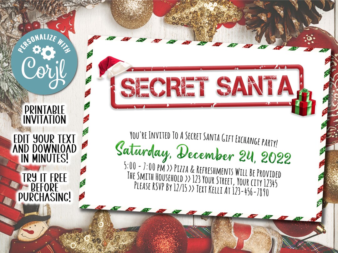 Secret Santa Gift Exchange Christmas Party Invitation Digital Printable ...